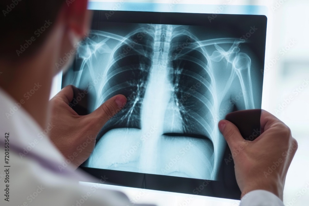 Lung radiography concept. Radiology doctor examining at chest x ray ...