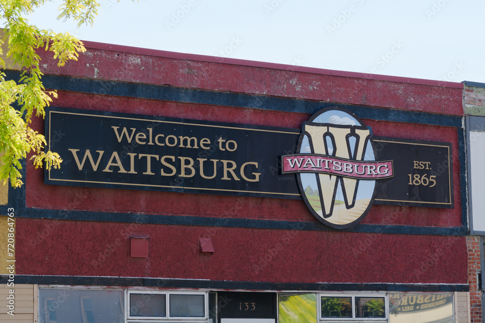 Waitsburg, WA, USA - May 25, 2023; Welcome to Waitsburg sign and logo ...