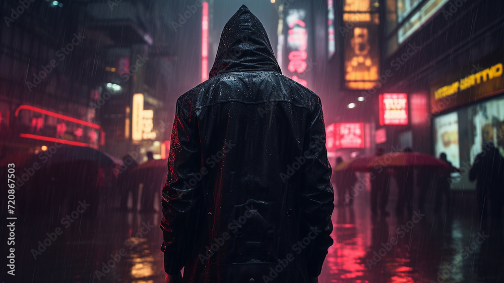 in a near future setting, a portrait of a rogue agent wearing a black ...