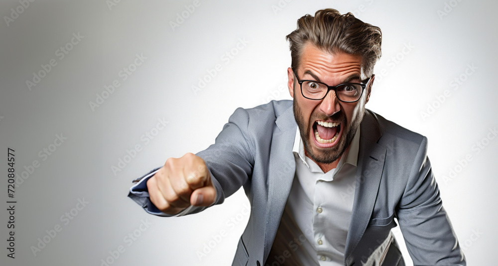 Angry businessman shouting and pointing at camera. Portrait of angry ...
