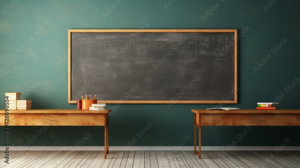 Bright and airy classroom setting with an empty chalkboard for ...