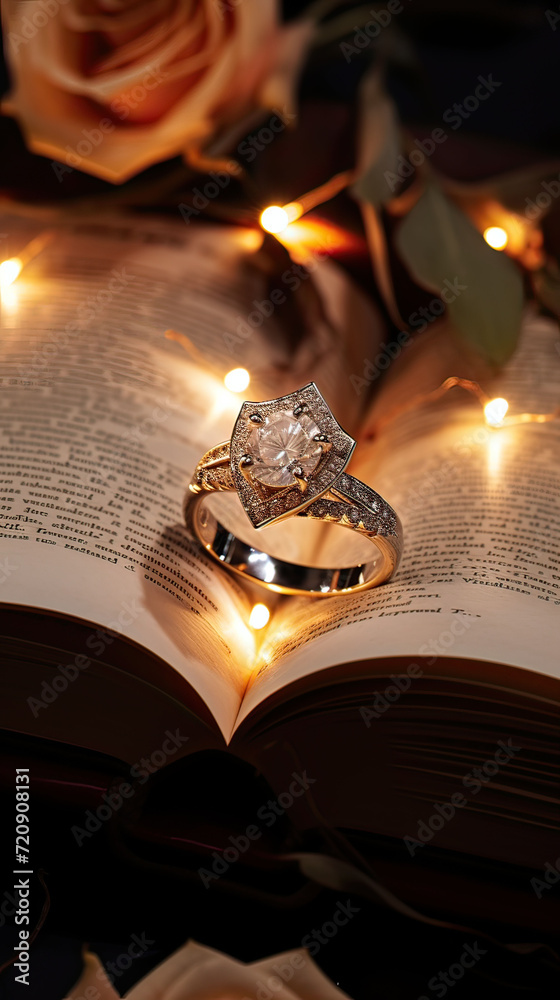 An engagement ring on an open book casts a glowing heart shadow ...