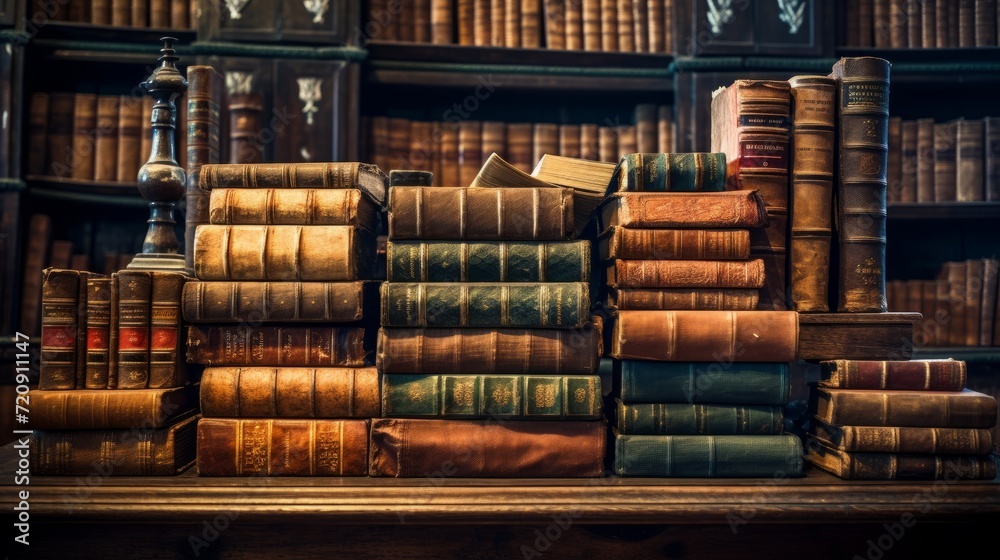 vintage literary atmosphere: a background of old books in a cozy ...