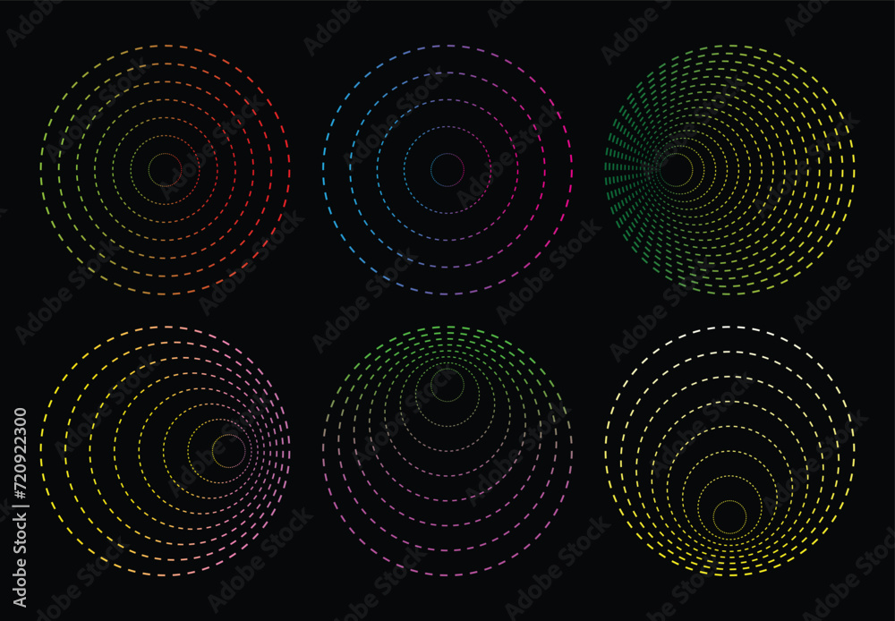 Colorful circles dotted lines, converging circular rings of dashed line ...