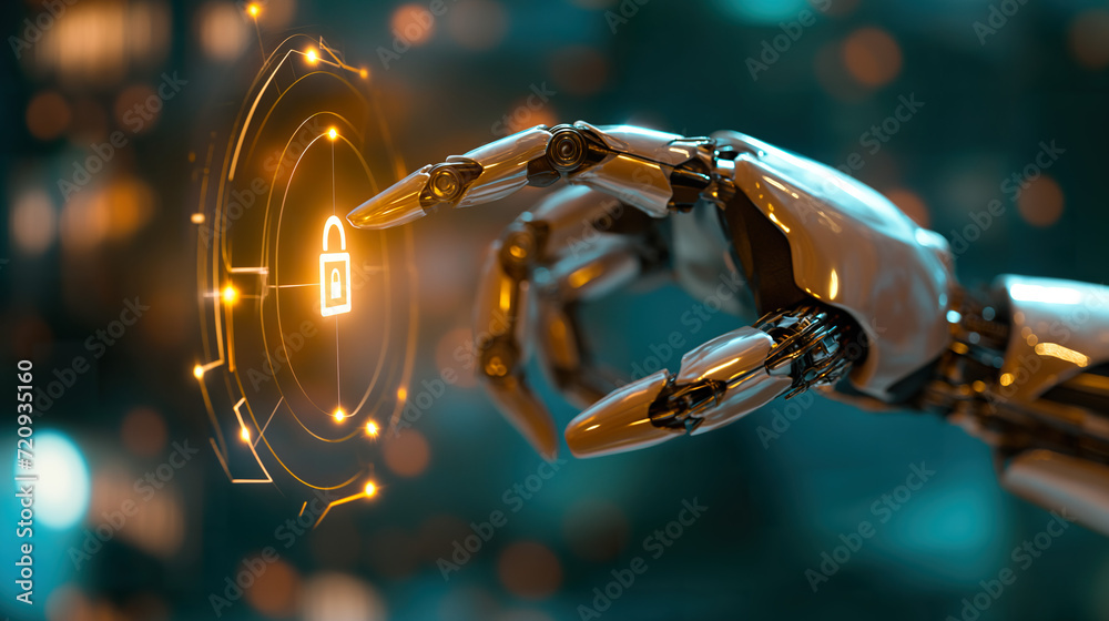 Cybersecurity innovation with AI bot controlling a digital padlock ...