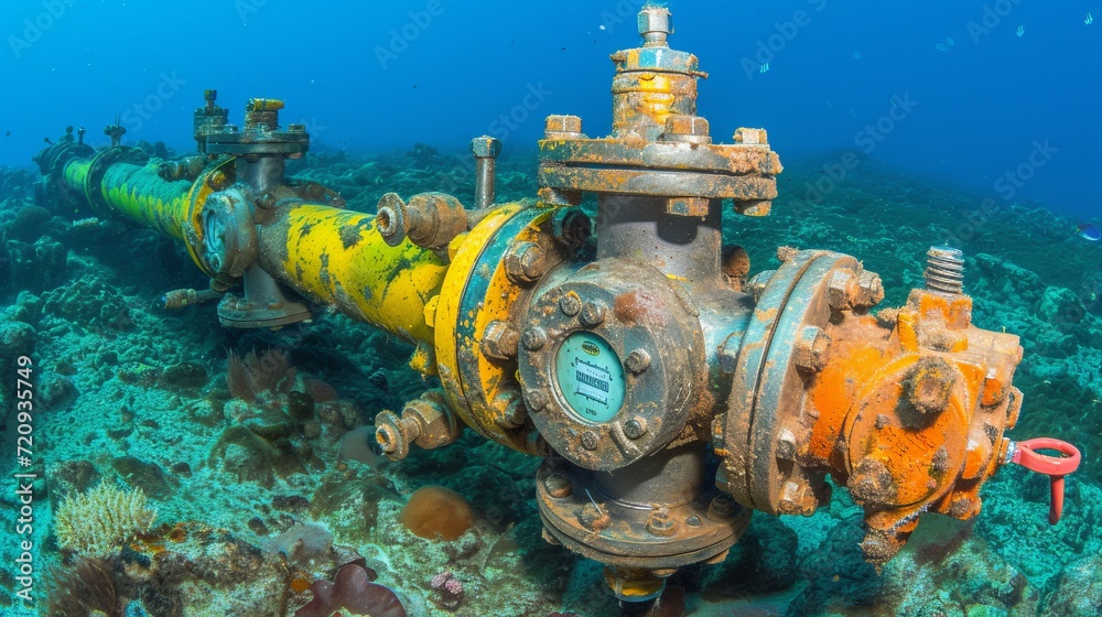 Underwater pipeline for oil and gas transport in blue ocean, subsea ...