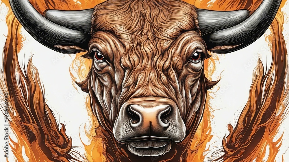 head of a bull a fierce bulls head with fiery horns and a ringed nose ...