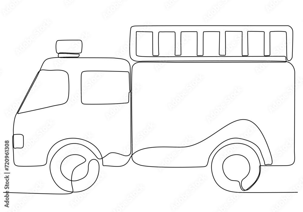 Single one line drawing of firetruck with rescue ladder and nozzle ...