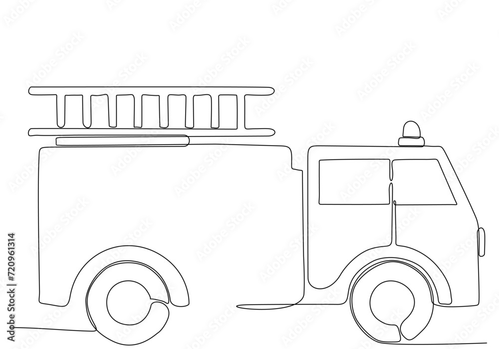 Single one line drawing of firetruck with rescue ladder and nozzle ...