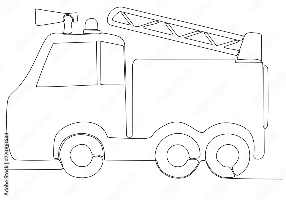 Single one line drawing of firetruck with rescue ladder and nozzle ...