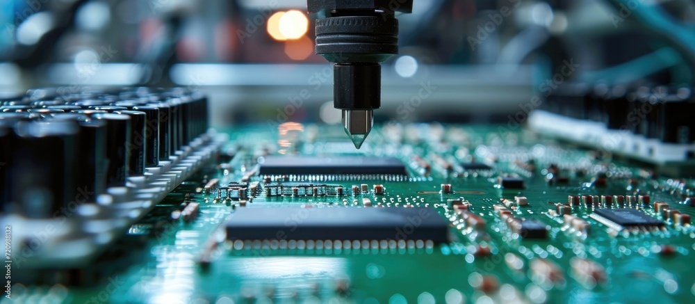 Printed circuit board workshop with automated chip mounter. Stock Photo ...