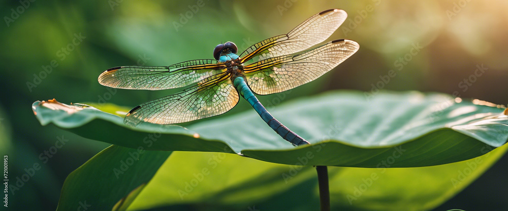 The translucent beauty of a dragonfly resting on a water lily leaf ...
