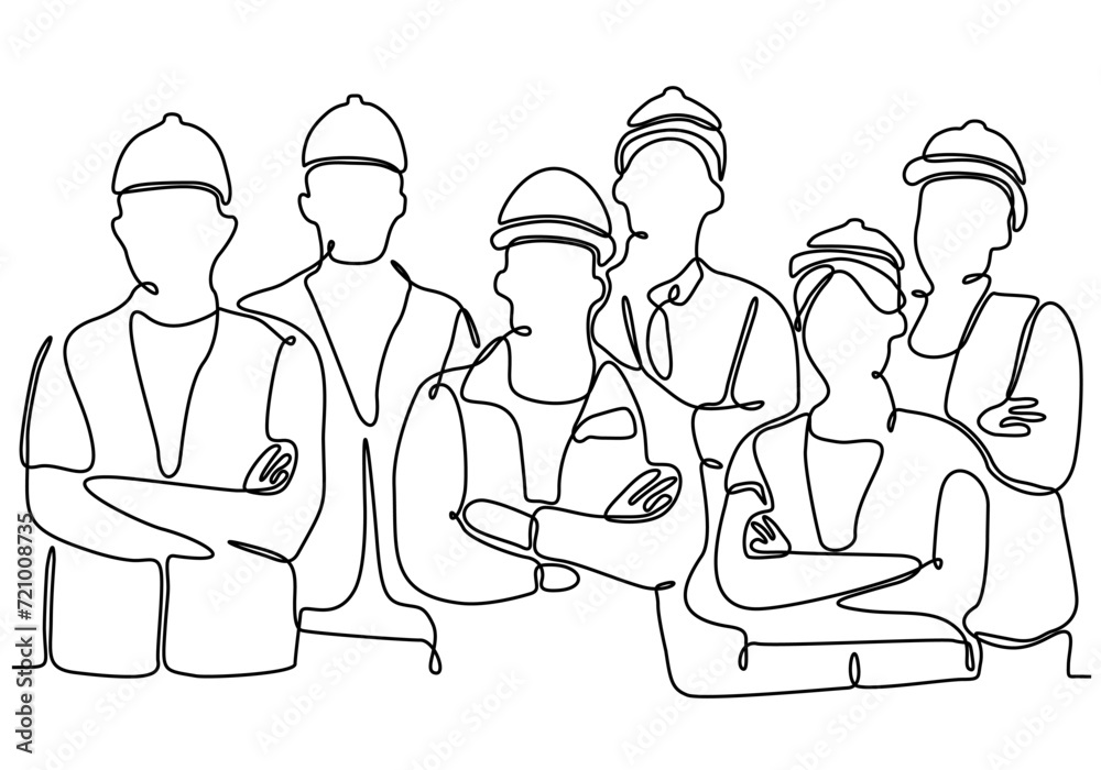 One line drawing of young builder and architect wearing construction ...