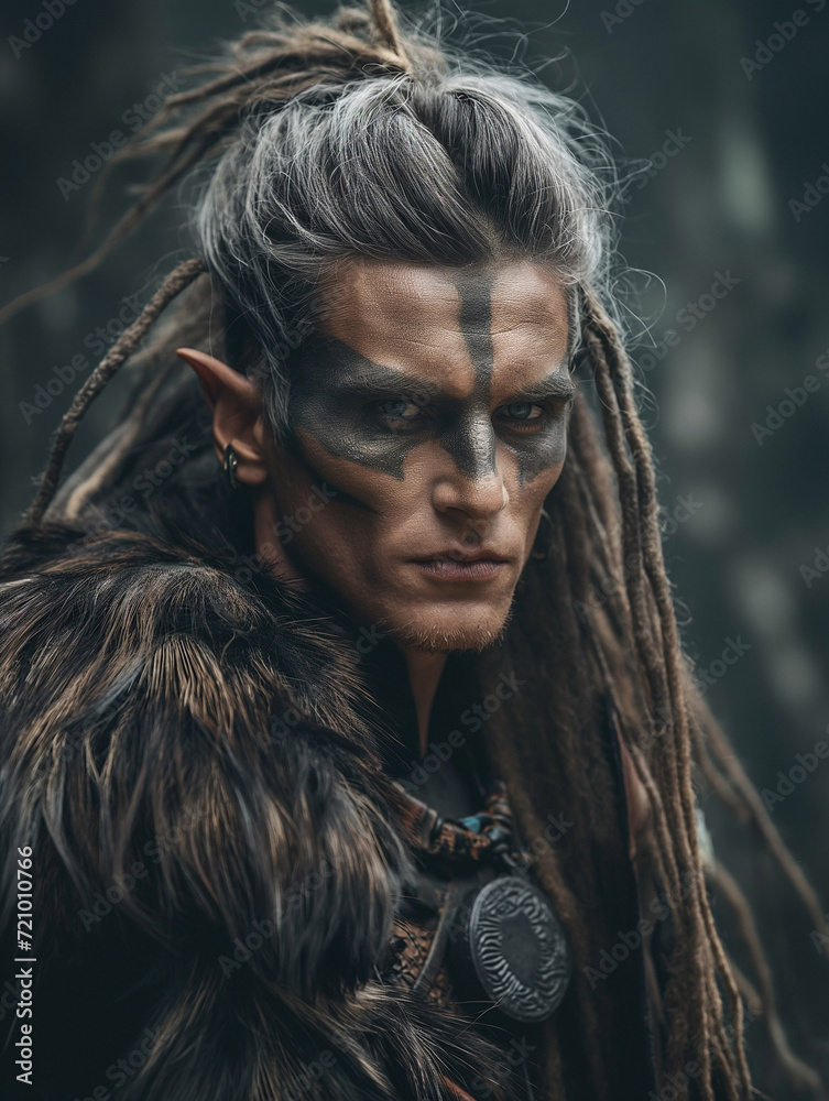 Male Elf Barbarian with Face Paint and Furs, Fantasy Character Portrait ...