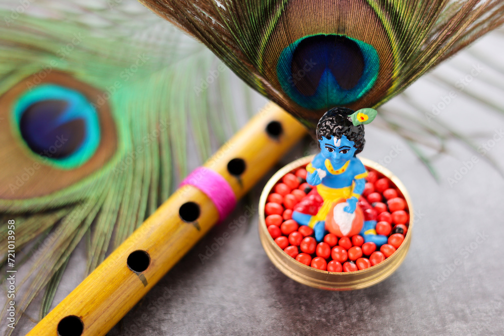 Sri Krishna statue with peacock feather. Lord Krishna Standing with ...
