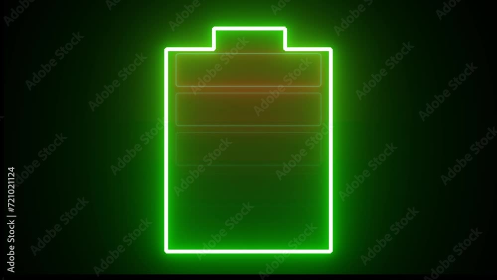 Glowing red neon battery icon with charging level on a black background ...