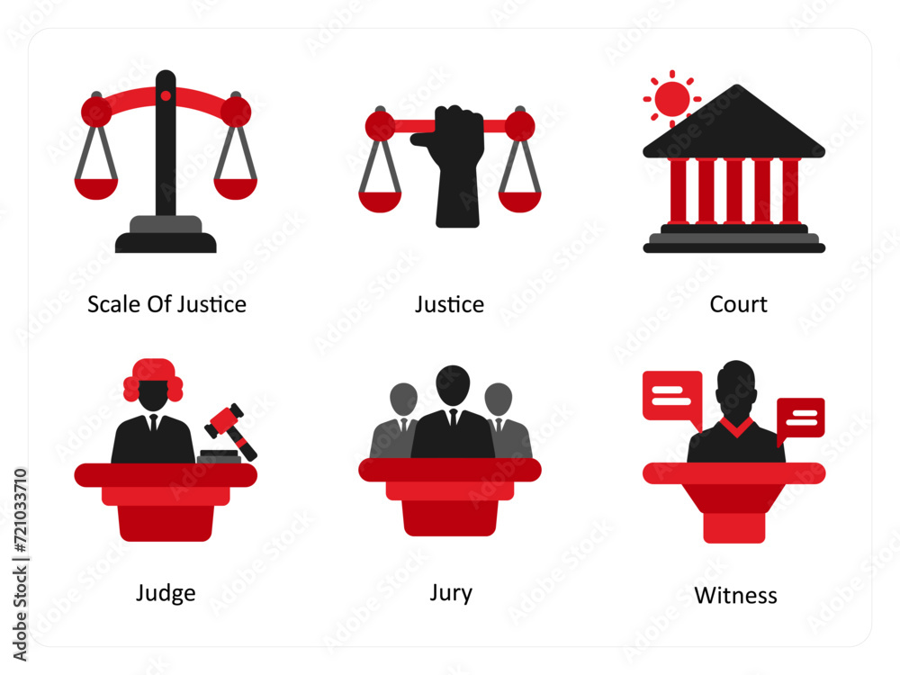 Six justice icons in red and black as scale of justice, justice, court ...