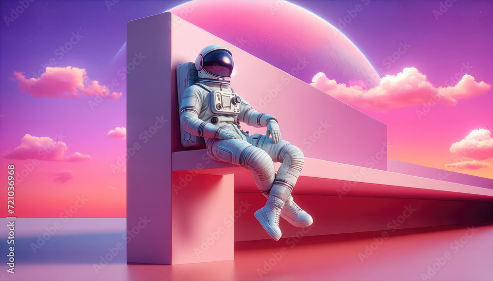 Astronaut Relaxing on Futuristic Bench at Sunset - Digital artwork of ...