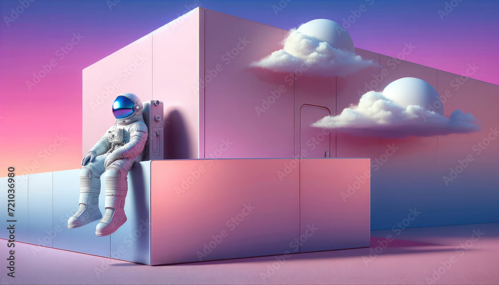 Astronaut Relaxing on Futuristic Bench at Sunset - Digital artwork of ...
