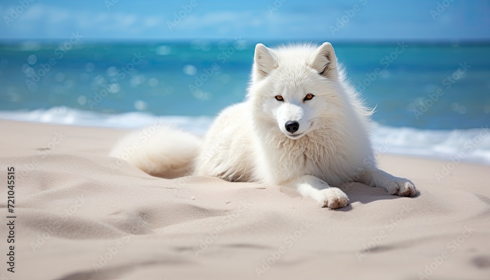 Artic fox relaxing on the beach on blurred background. Cute white fox ...