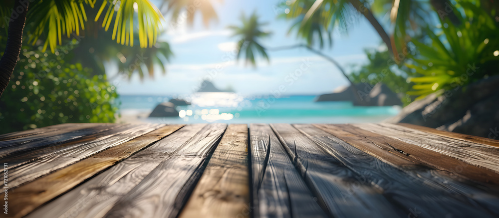 Wooden deck with a sea background, overlooking the beach and ocean. A ...