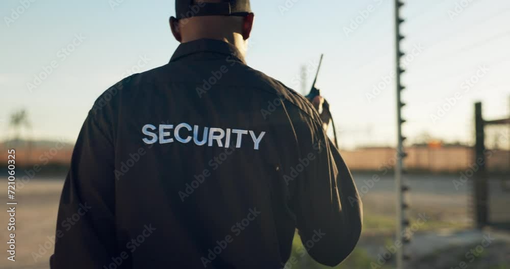 Security guard, radio and man on patrol outdoor for inspection ...