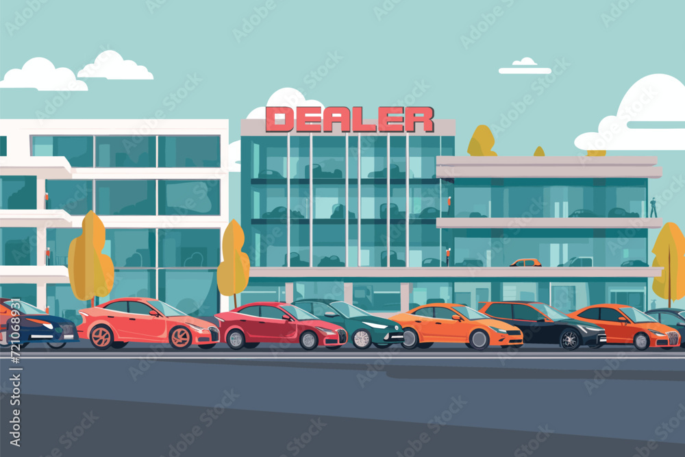 Vector illustration of car dealership building with colorful cars ...