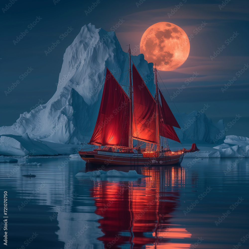 Sail boat with red sails cruising among ice bergs during dusk in front ...