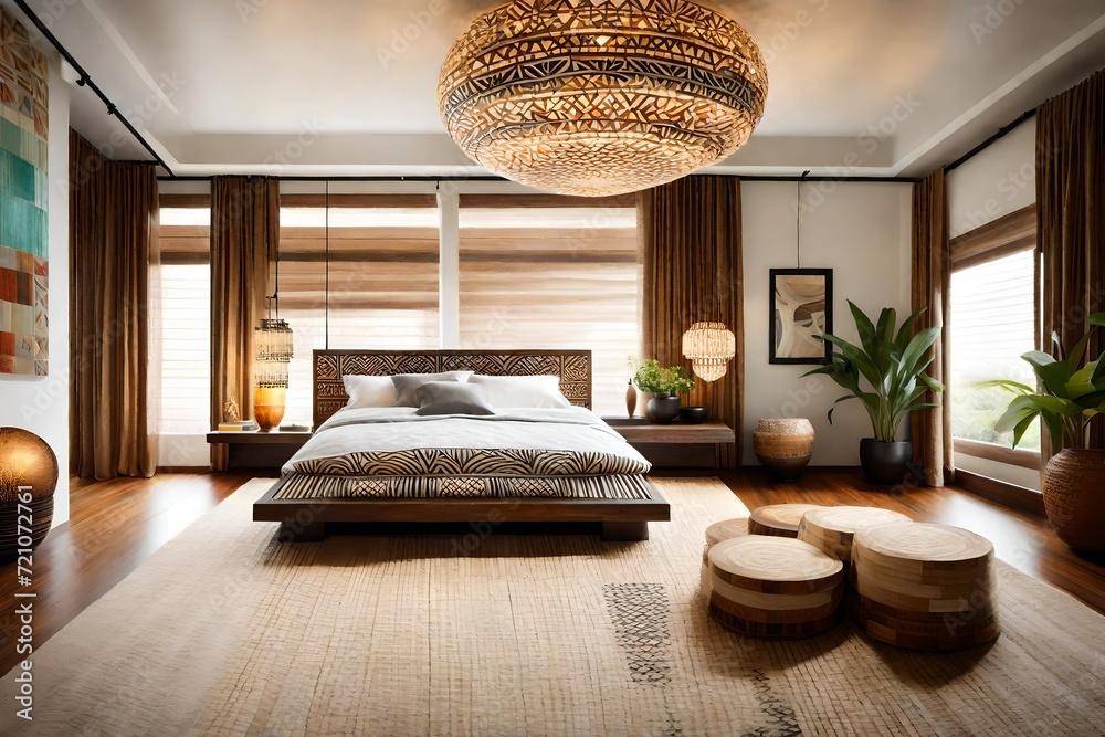 A modern Filipino-inspired bedroom with a platform bed, capiz shell ...