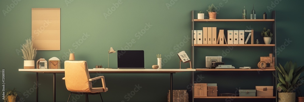 The home office, with its vibrant green wall, is adorned with a desk, a ...