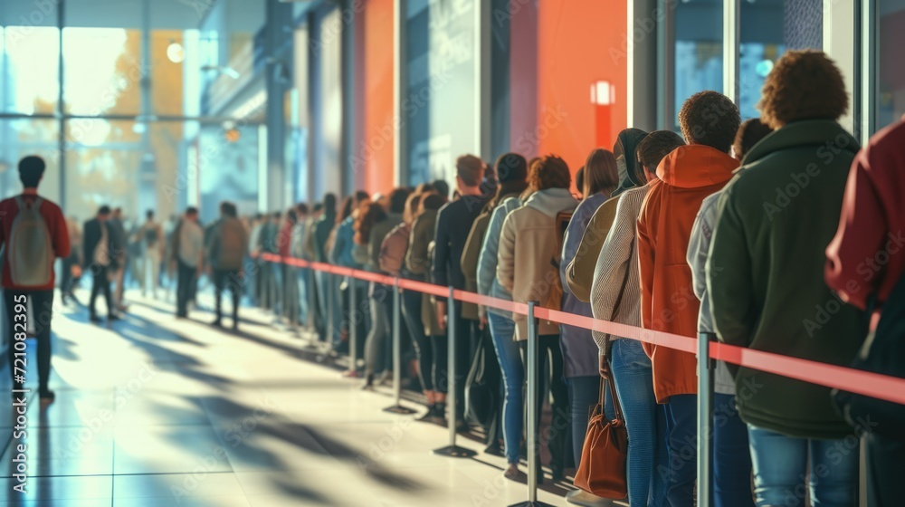 Long queue at store. Many people stand in line behind the red ribbon ...