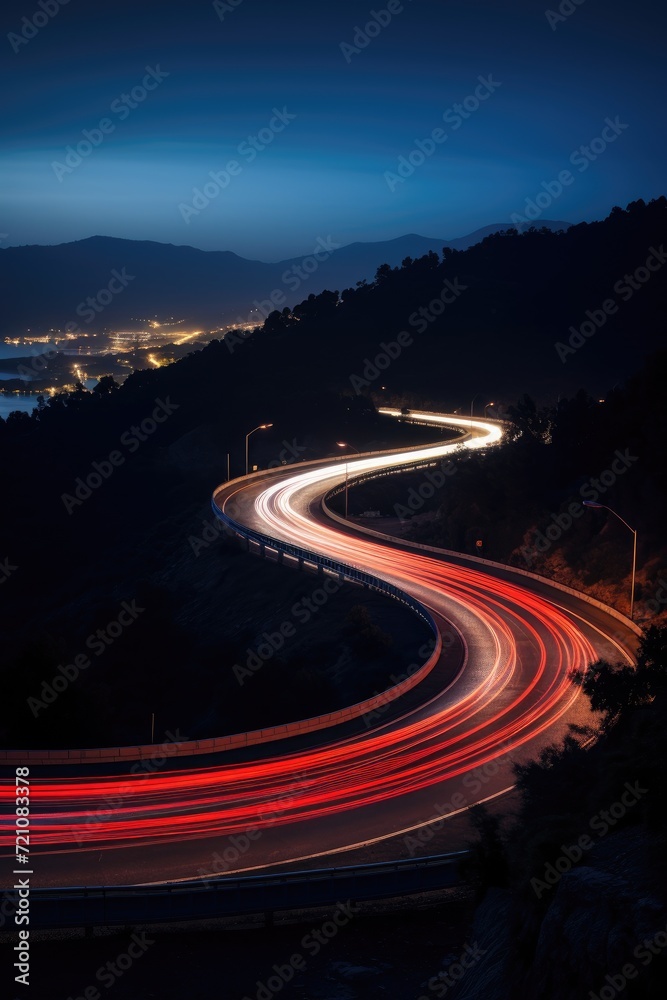 Cars' light trails on a curved asphalt road at night, a mesmerizing ...