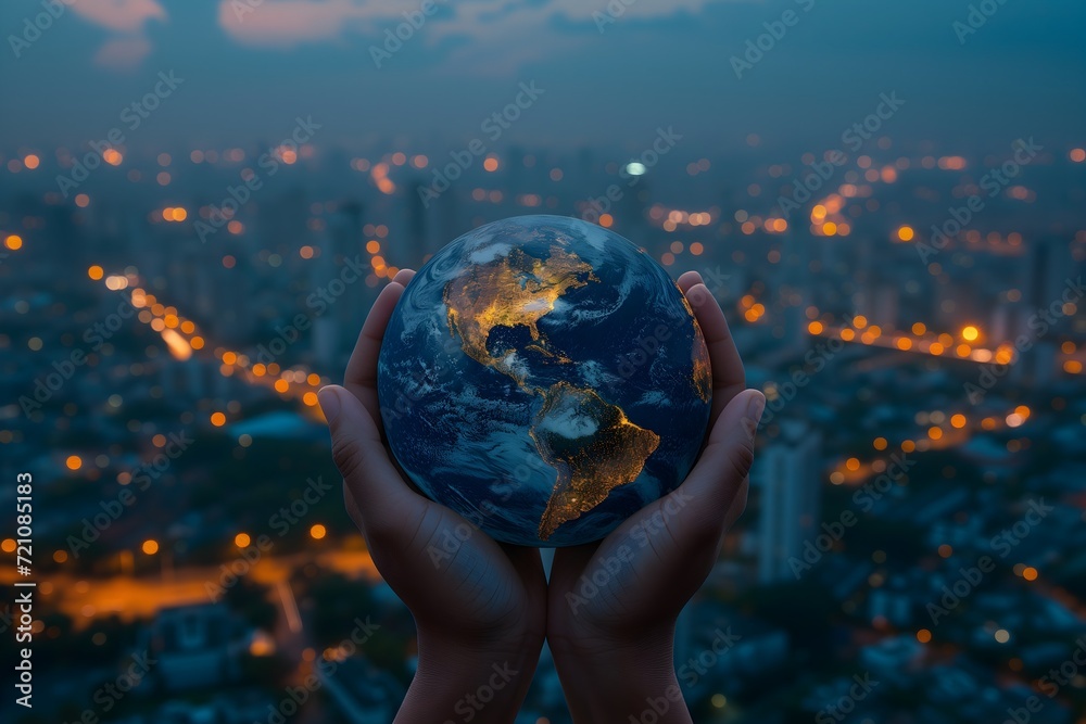 Celestial connection, Hands cradle Earth at night, blending with a ...