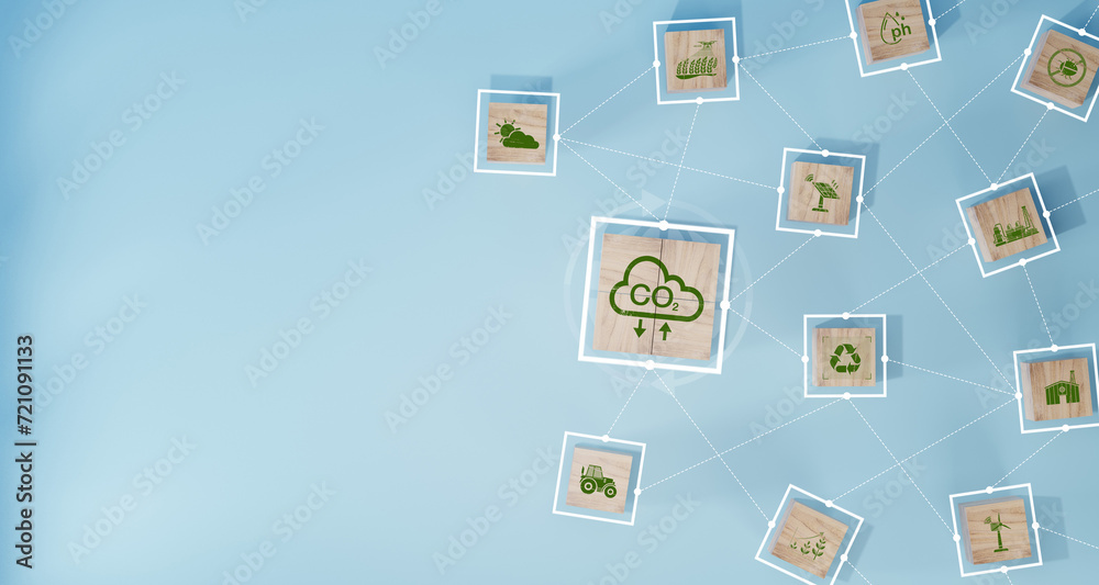CO2 reducing icon print screen on wooden and world map for decrease CO2. Net zero and carbon ...