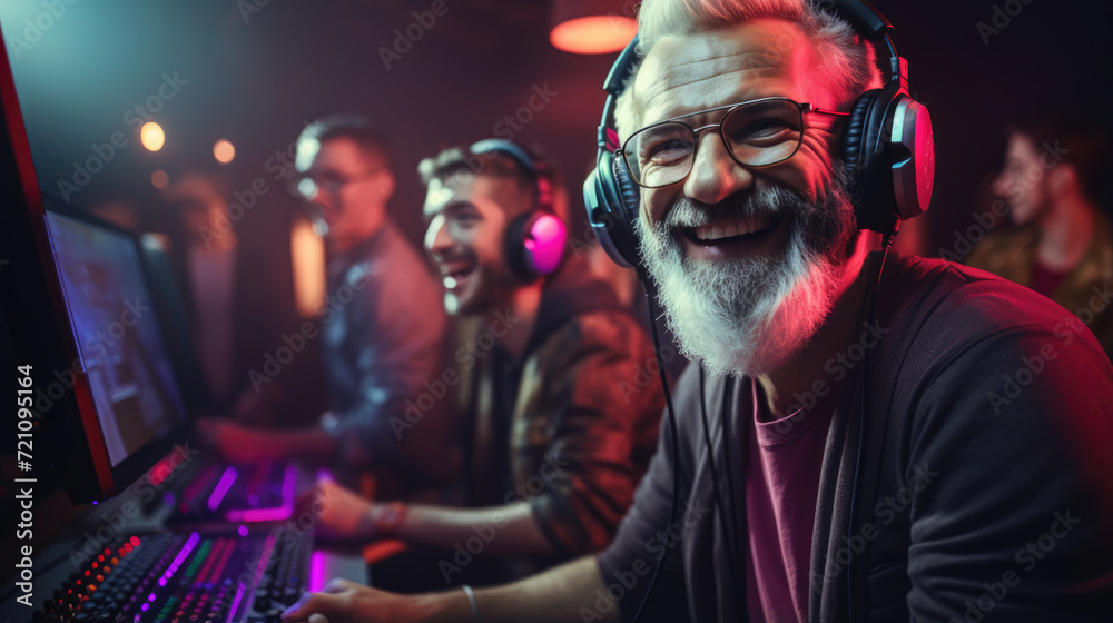 A senior gamer, wearing a headset, joins a remote group of friends for ...