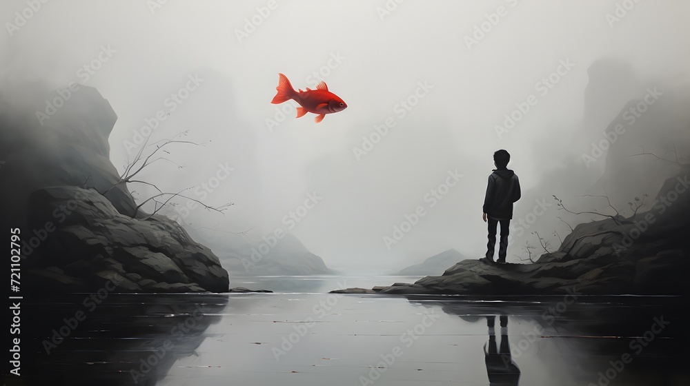 Boy Watching Floating Red Fish in Fog A silhouette of a boy stands by a ...