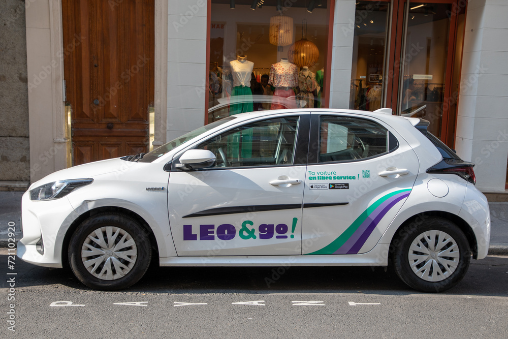 leo & go ! text brand and logo sign on side door of rent car sharing ...