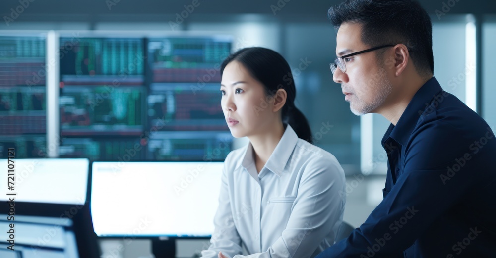 two professionals in a control room, analyzing a digital emergency ...