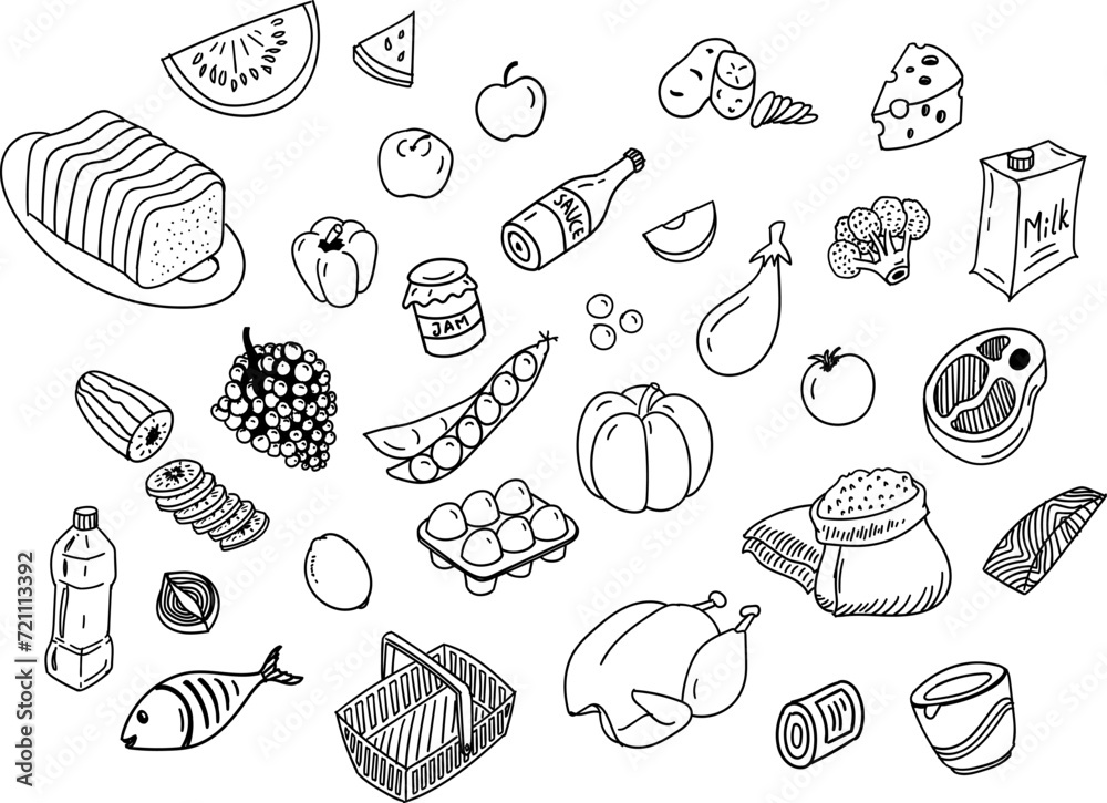 Set of grocery doodle icons, hand drawn line art illustrations of ...