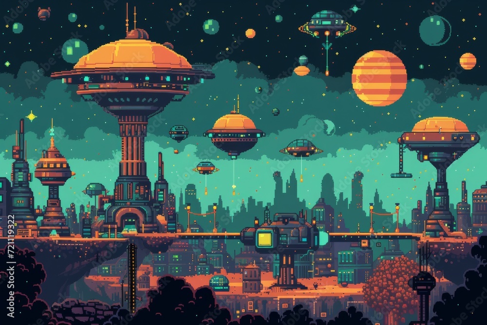 A retro pixel art scene of a space-themed video game level, with ...