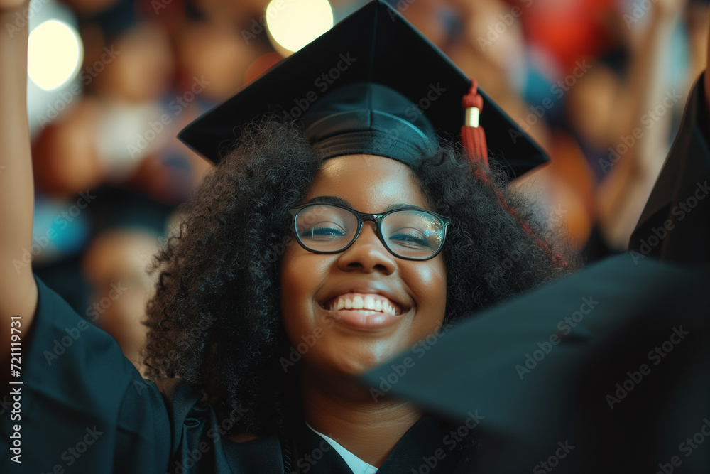 Young happy African American woman graduating from or university. Close up photography of a ...
