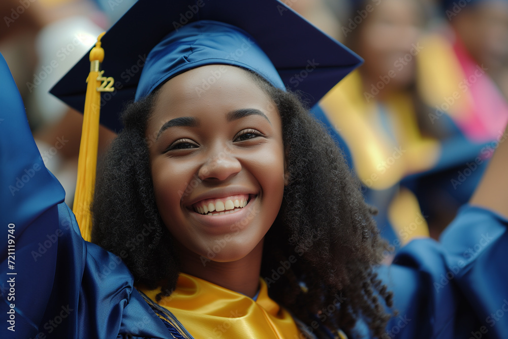 Young happy African American woman graduating from or university. Close ...