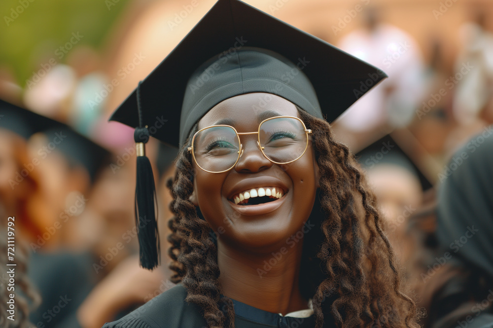 Young happy African American woman graduating from or university. Close up photography of a ...