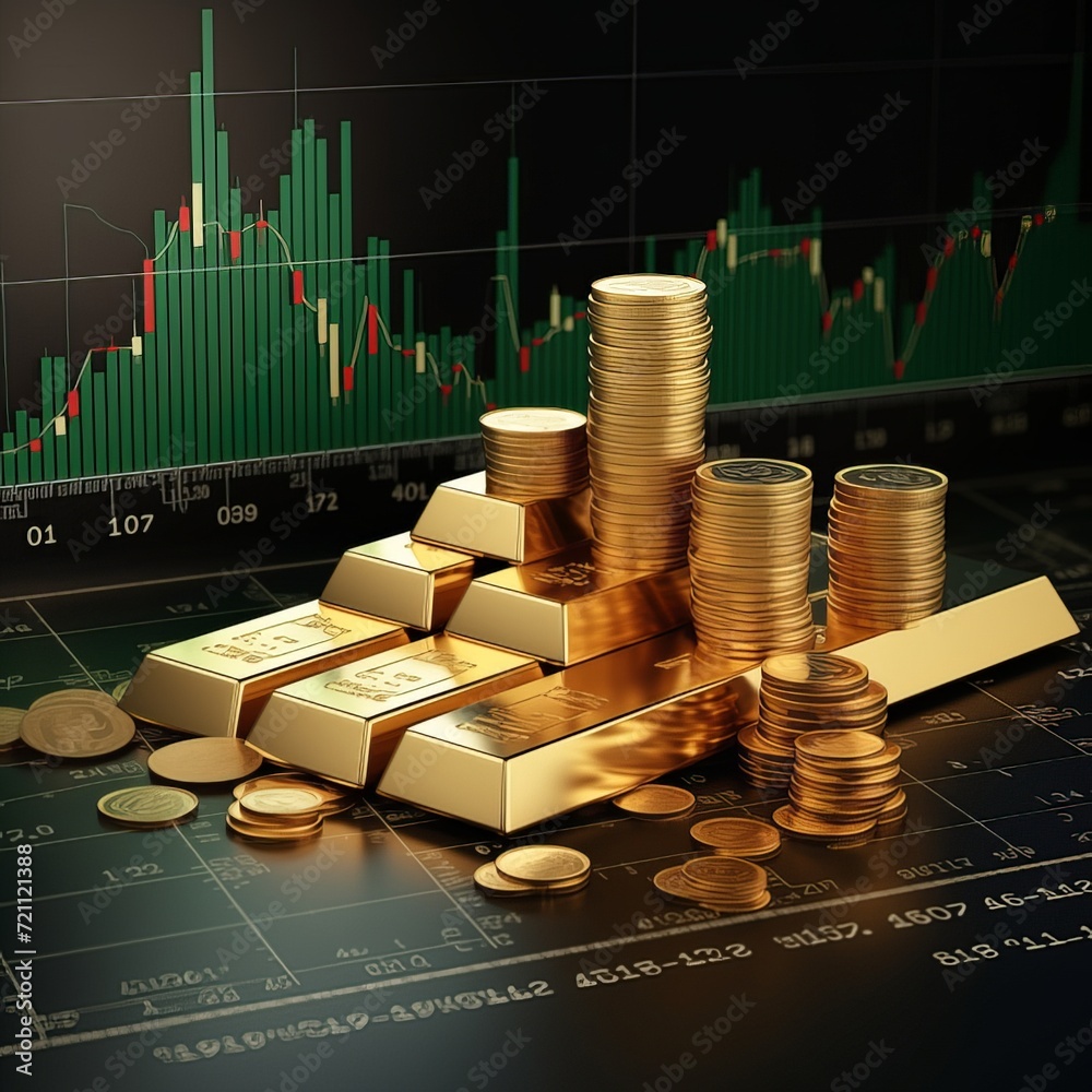 Gold bars and gold coins stalked in coloumns against a chart graph ...