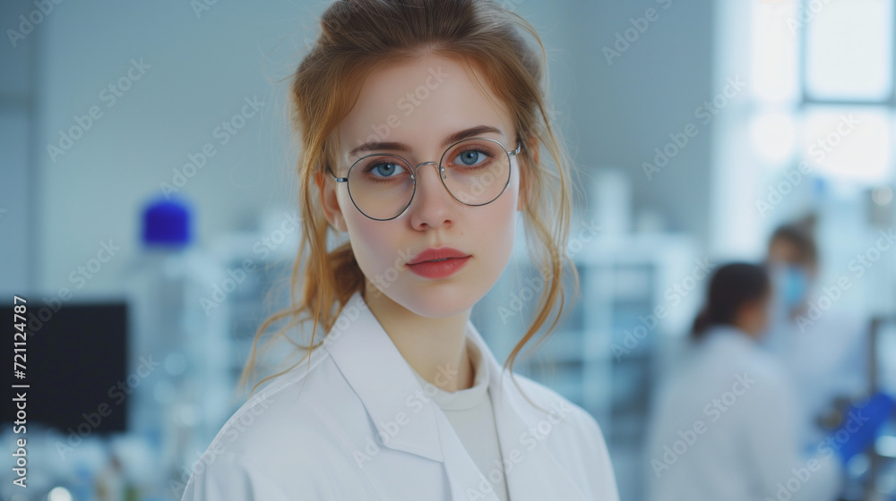 Beautiful young woman scientist wearing white coat and glasses in ...