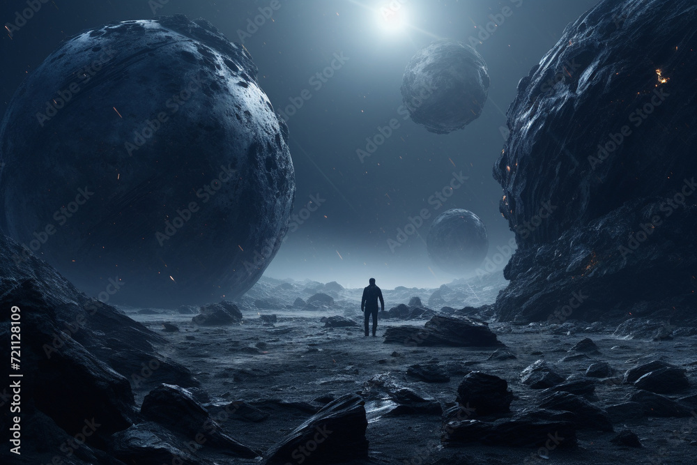 Foto de smile happy girl or man with enigmatic realm of an asteroid ...