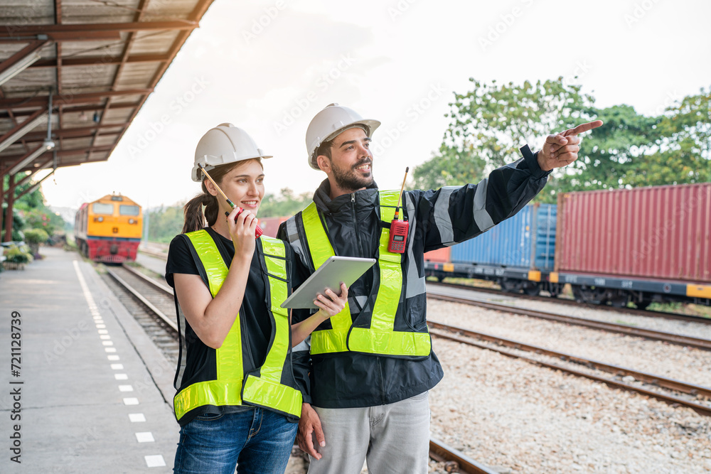 Team of engineer railway wearing safety uniform and helmet under ...