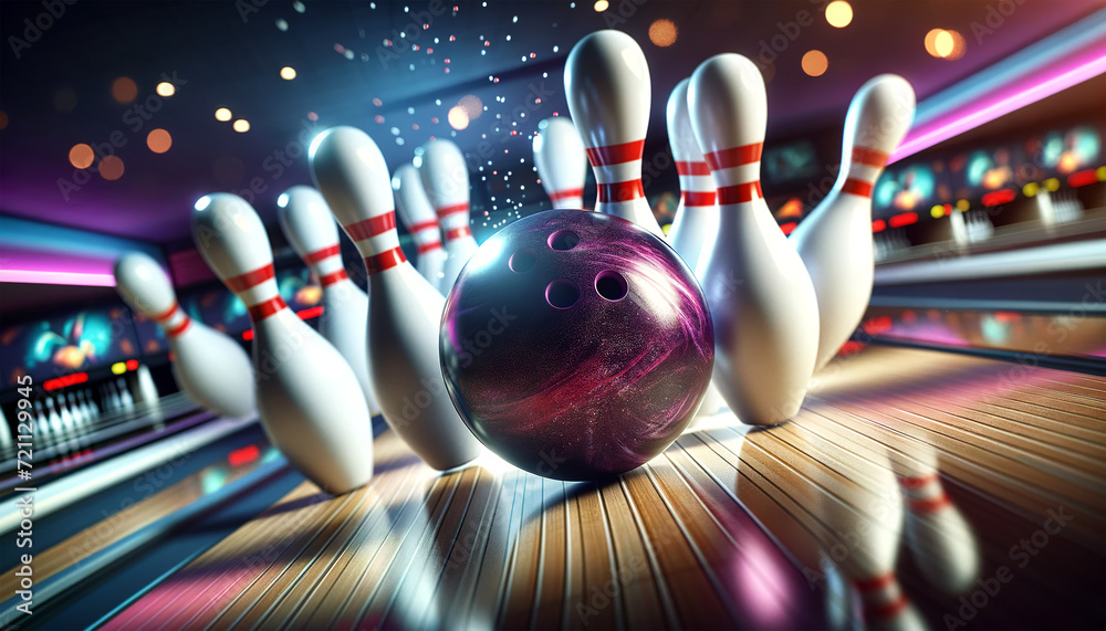 Dynamic bowling alley scene with a rolling ball striking pins amidst a ...