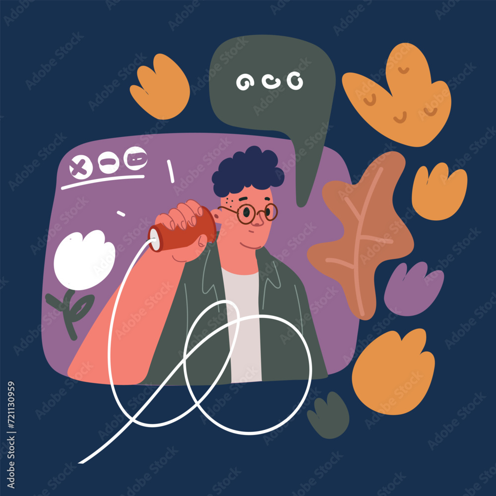 Cartoon vector illustration of Man and woman talking with string phone ...