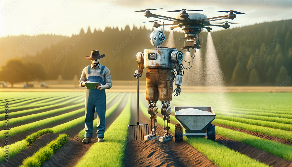 Concept of harmonious coexistence of humans and AI technology. A farmer ...